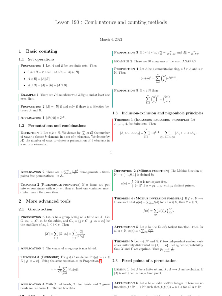 Lesson 190 Combinatorics And Counting Methods Pdf Function Mathematics Sequence