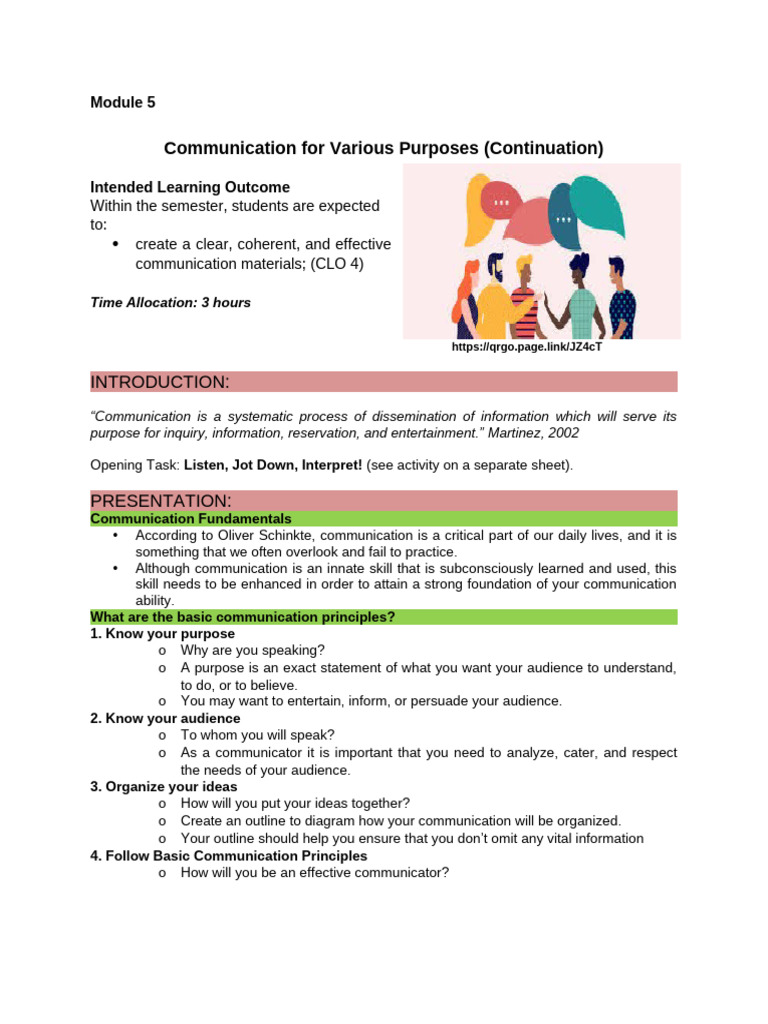 Module 5. Communication For Various Purposes Continuation | PDF | Communication | Information
