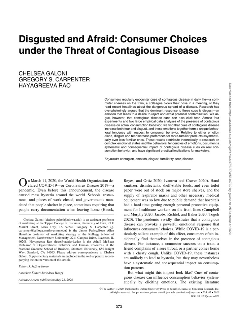 Disgusted and Afraid Consumer Choices Under The Threat of Contagious ...