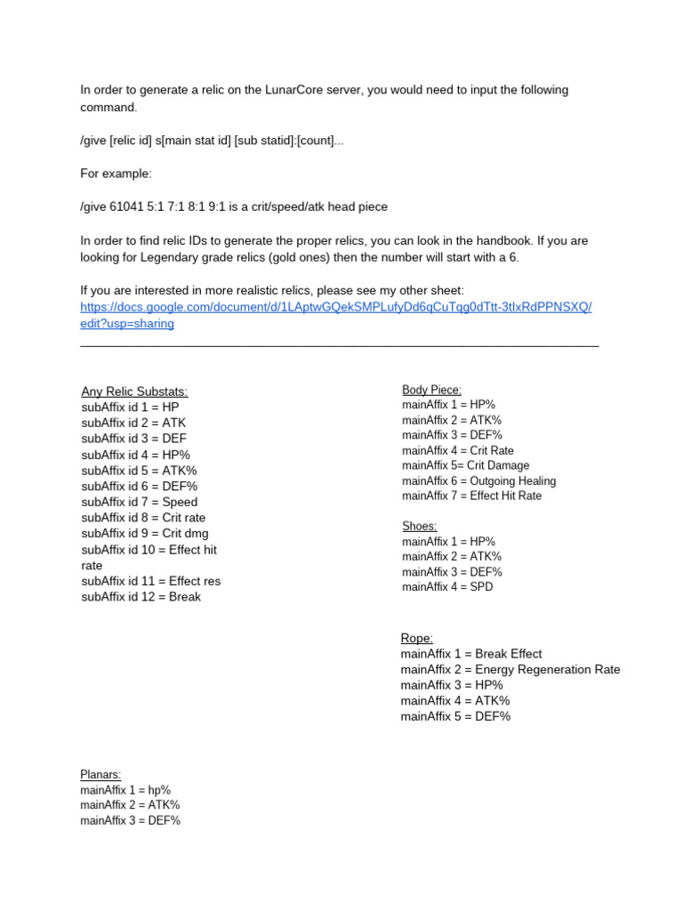 LunarCore Relic Values | PDF