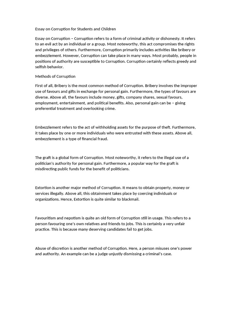 Essay On Corruption For Students and Children | PDF | Corruption | Bribery
