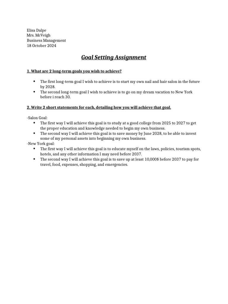 Goal Setting Assignment (Good Copy) | PDF