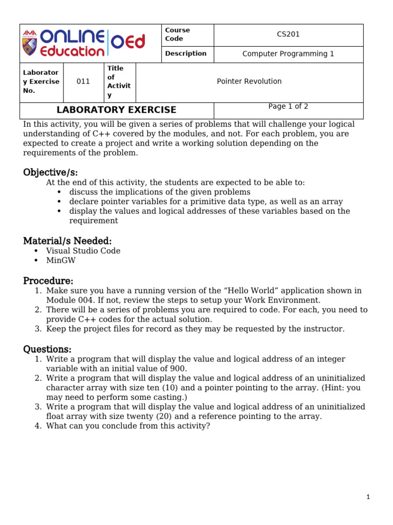 Week012 Lab11 PointersAndReferences1 Edited | PDF | Pointer (Computer Programming) | Computer ...