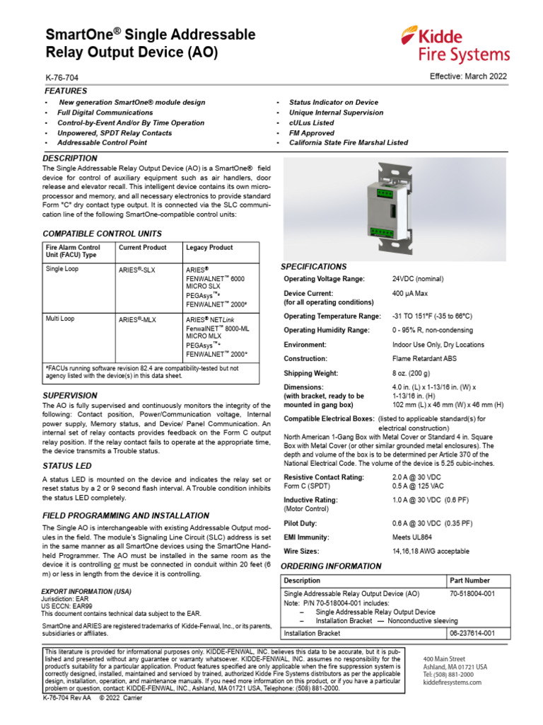 Kidde SmartOne Single Addressable Relay Output Device K-76-704 | PDF | Relay | Computer Engineering
