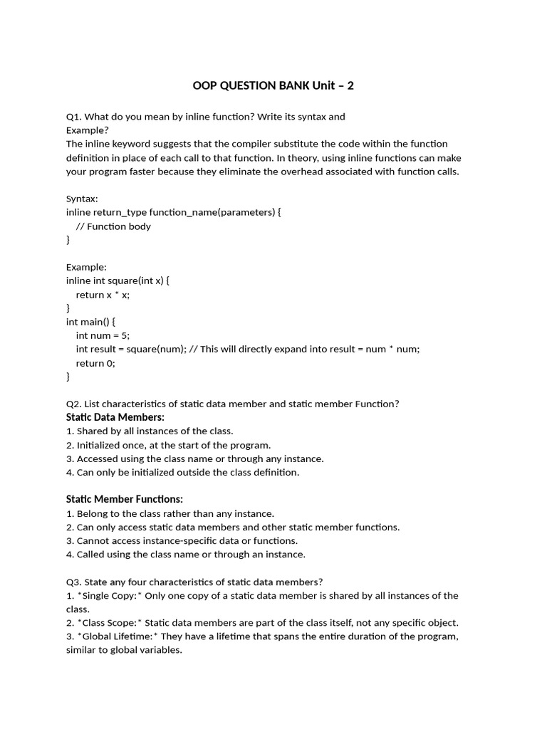 Oop Question Bank Unit 2 | PDF | Class (Computer Programming) | Method (Computer Programming)