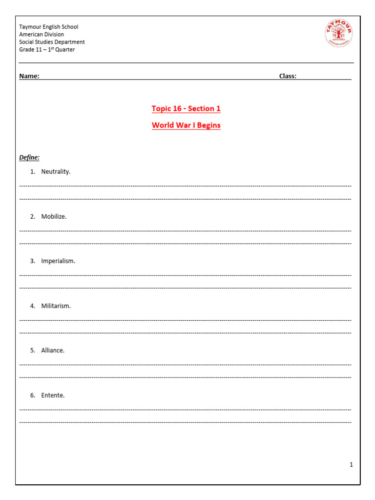 76882AssignmentsG11 - WWI Begins Homework | PDF | Allies Of World War I ...