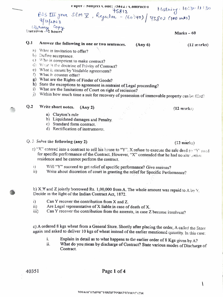 Law of Contract Question Papers | PDF