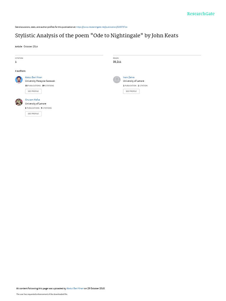 Stylistic Analysis of The Poem Ode To Ni | PDF | Poetry | John Keats