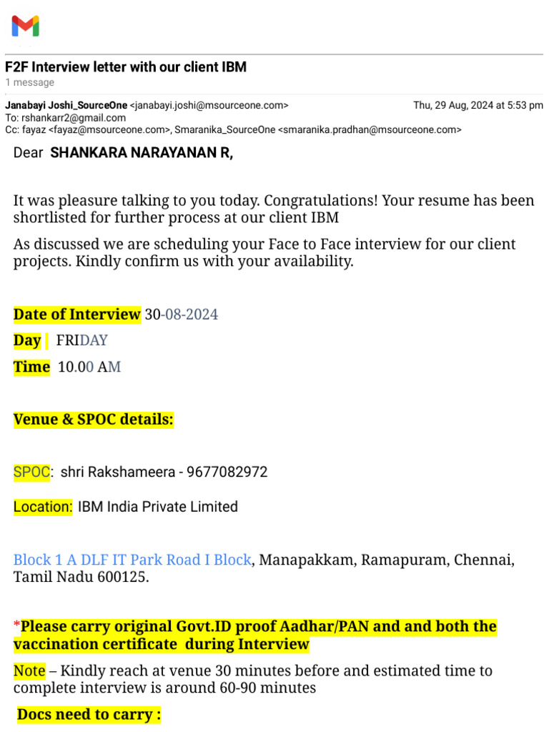 Gmail - F2F Interview Letter With Our Client IBM | PDF