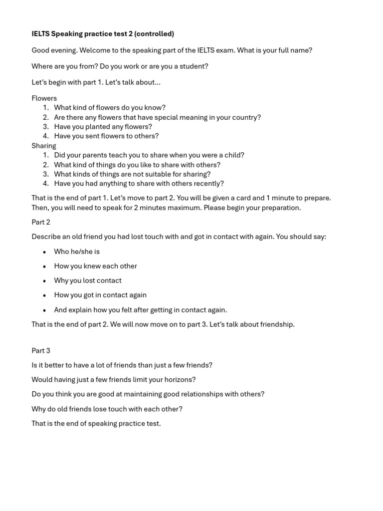 Ielts Speaking Practice Test 2 Controlled Pdf