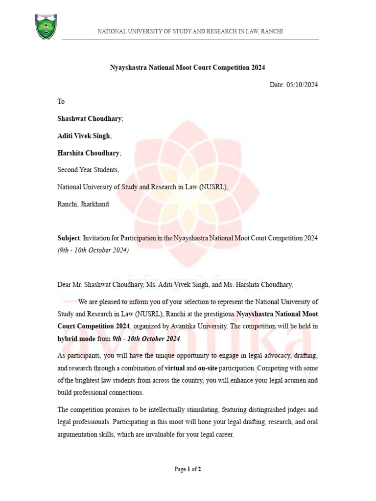 Invitation - Nyayshastra National Moot Court Competition, 2024 | PDF | Law