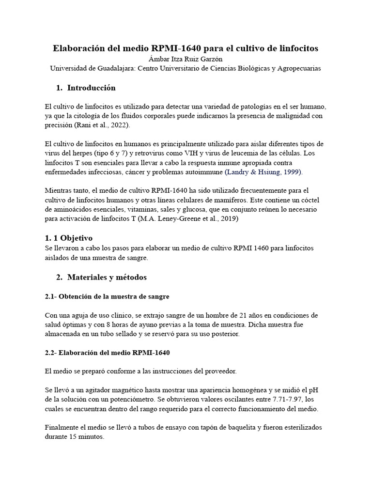 Elaboración Del Medio RPMI para El Cultivo de Linfocitos | PDF | Virus | Sangre