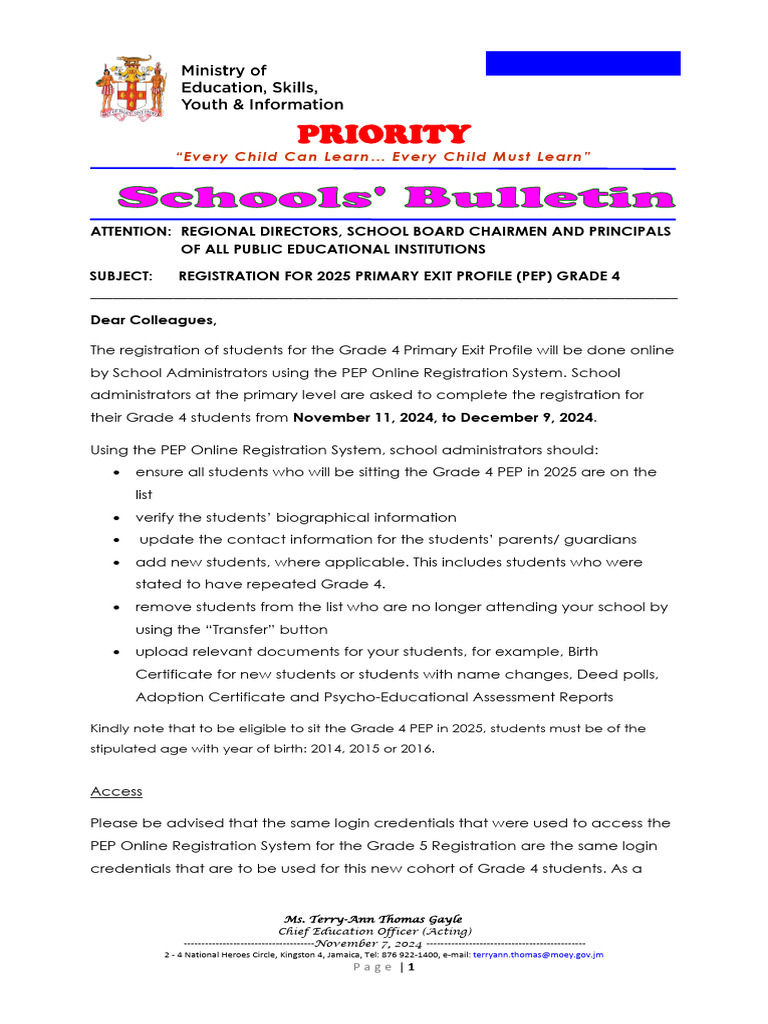 Priority Bulletin 153 - 2024 - Registration For 2025 Primary Exit ...