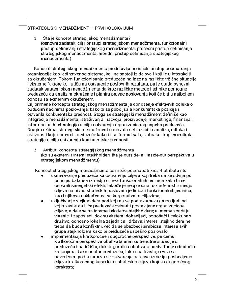 STRATEGIJSKI MENADŽMENT-I Kolokvijum | PDF