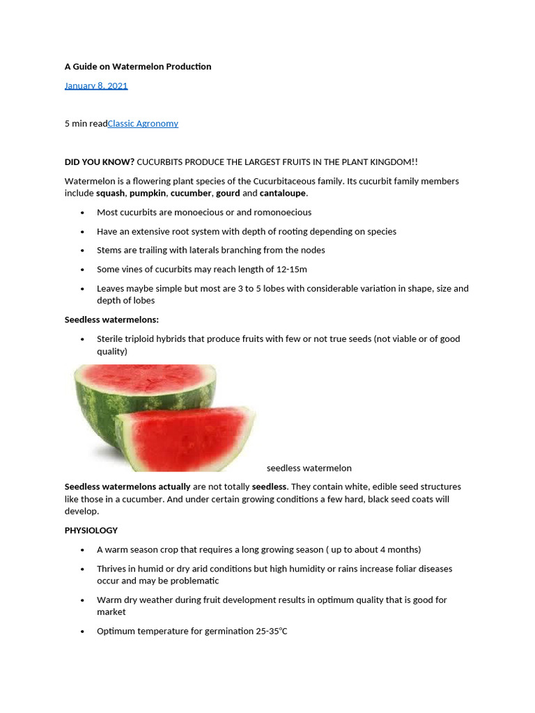 A Guide On Watermelon Production | PDF | Watermelon | Fruit