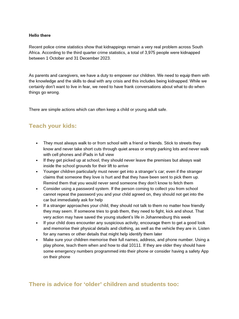 Kidnapping Safety Tips | PDF