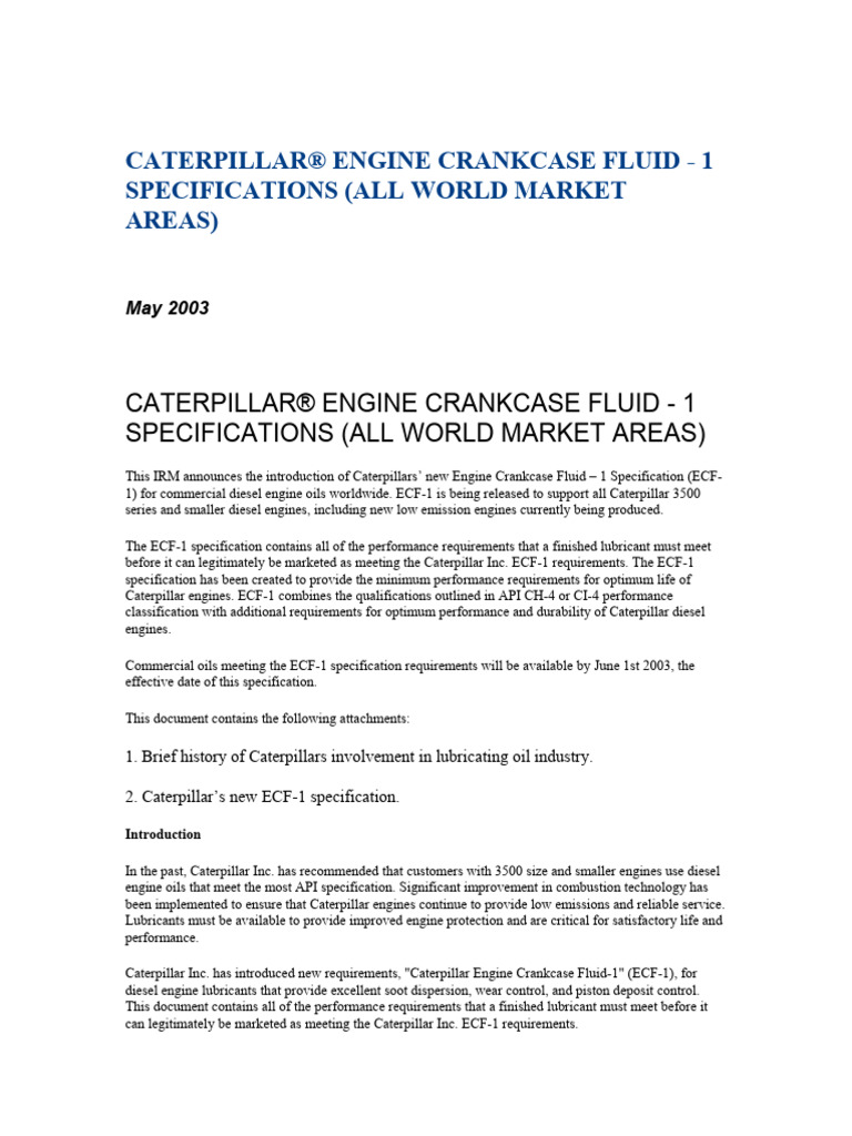 Caterpillar Engine Crankcase Fluid - 1 Specifications (All World Market Areas) | PDF | Exhaust ...