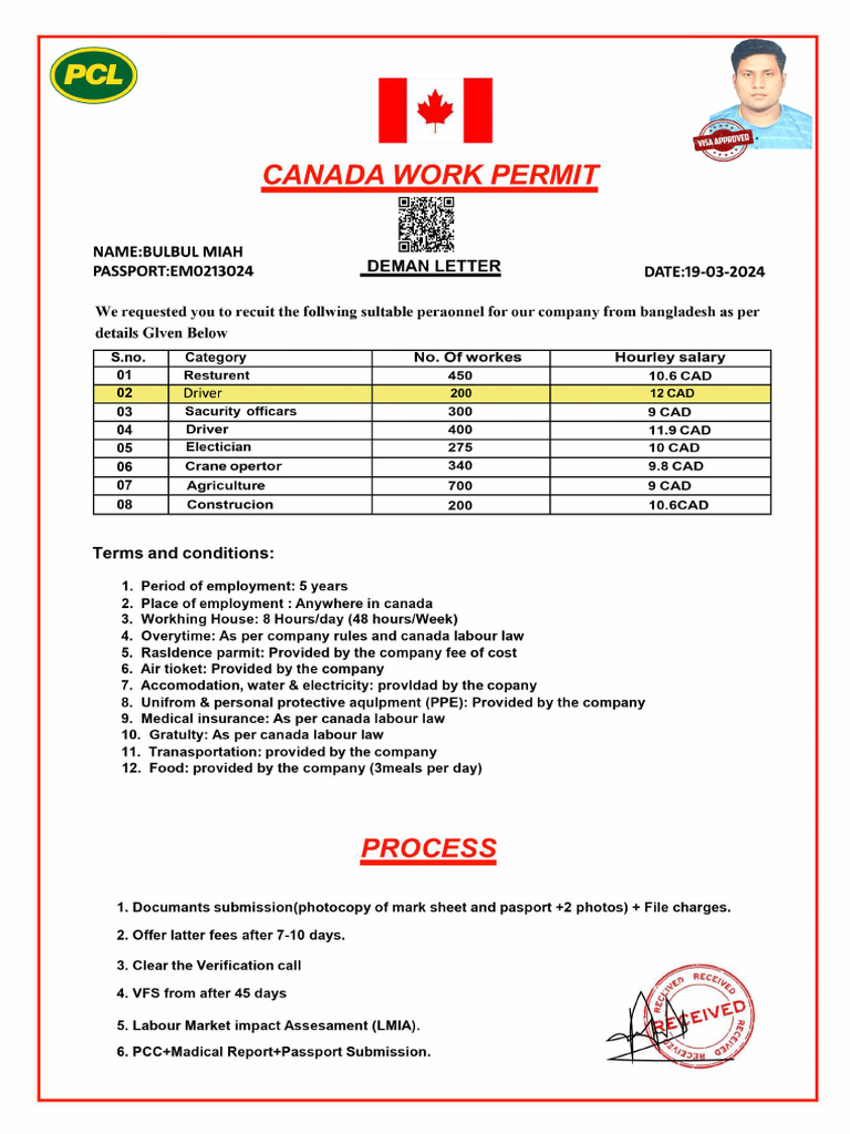 Bulbul Miah Work Permit Form - Canada | PDF