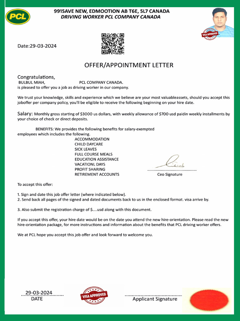 Bulbul Miah Job Offer Letter Form - Canada | PDF