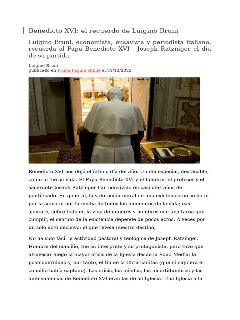 Recuerdo de Benedicto XVI por Luigino Bruni | PDF | Papa Benedicto Xvi ...