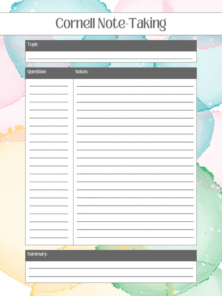 Cornell Note-Taking Digital and Printable Worksheet in Colorful ...