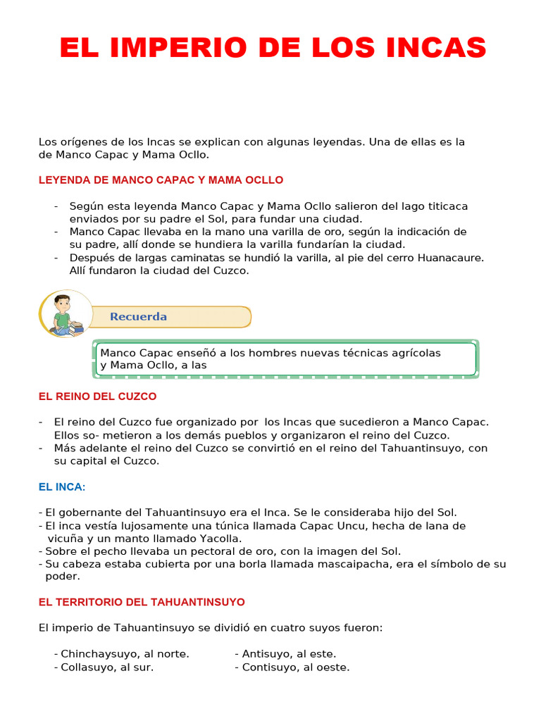 El Imperio de Los Incas para Tercer Grado de Primaria | PDF | Imperio Inca | Andes