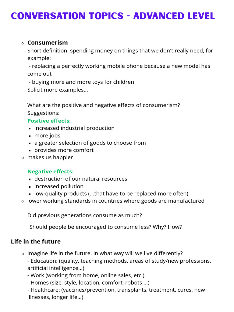 Conversation Topics - Advanced Level | PDF