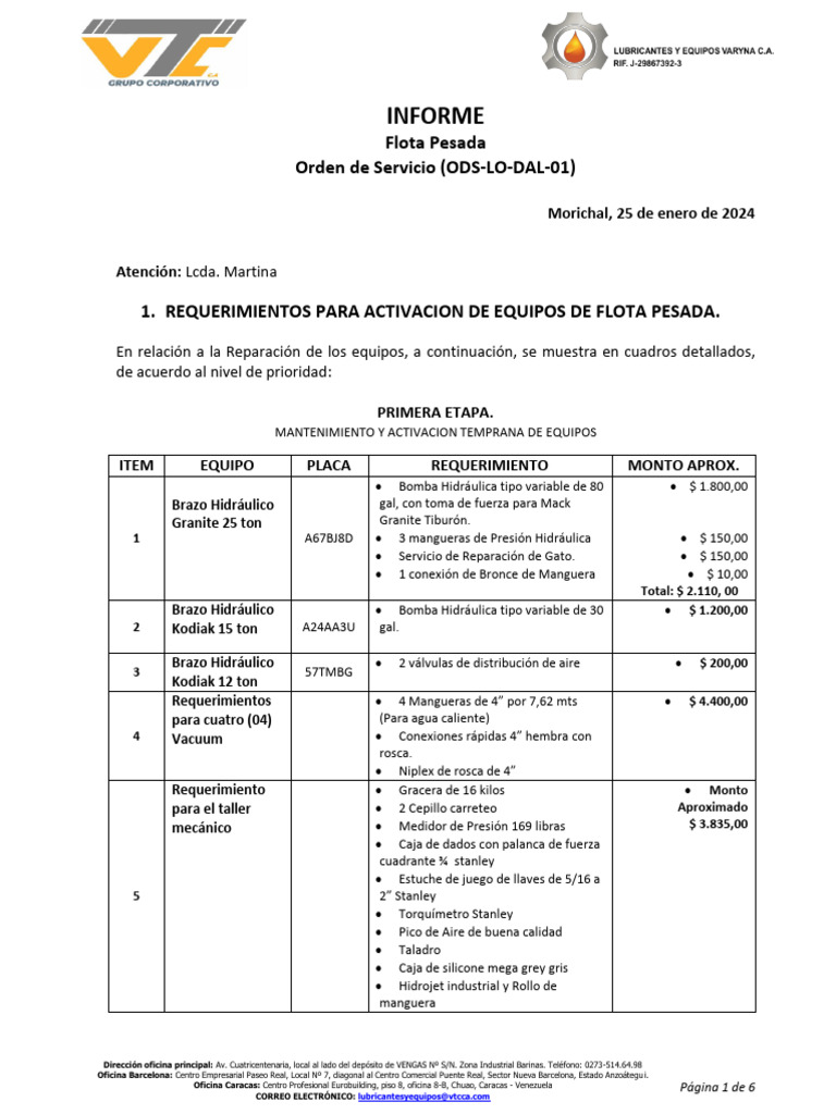 Informe de Requerimientos Juan Pino Varyna Flota Pesada | PDF ...