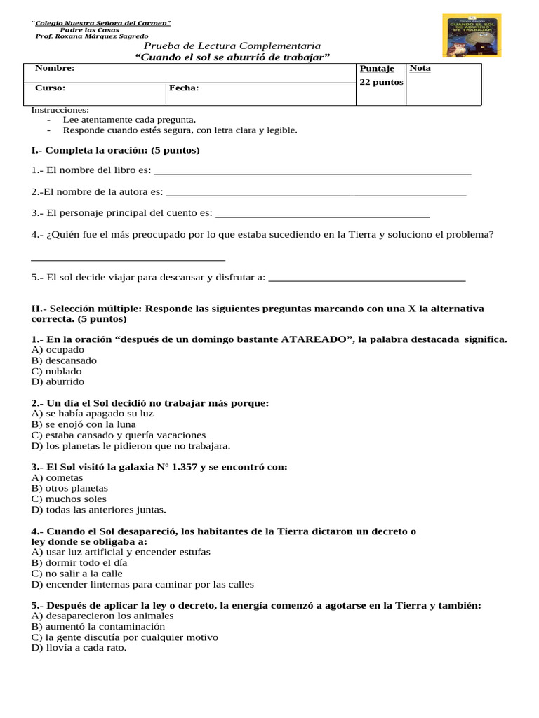 Prueba Del Libro Cuando El Sol Se Aburrio de Trabajar | PDF