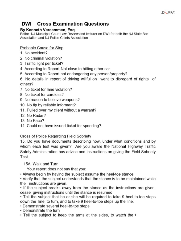 DWI Cross Examination Questions: by Kenneth Vercammen, Esq | PDF ...