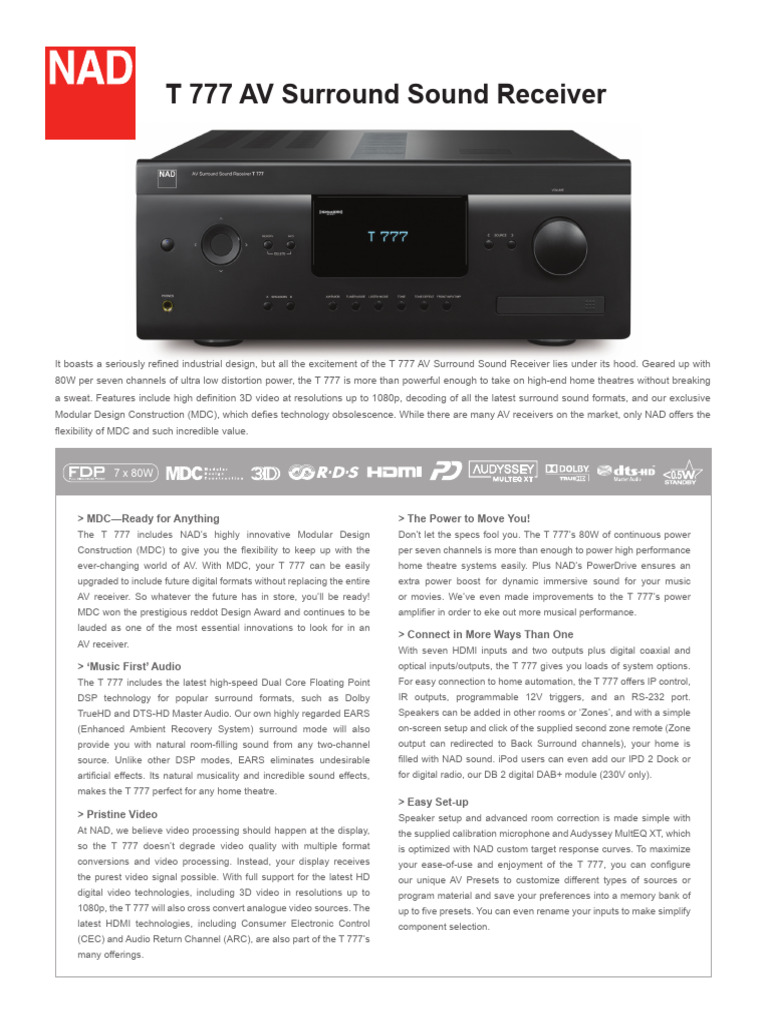 NAD T 777 Surround Sound Receiver Data Sheet | PDF | Distortion | Hdmi