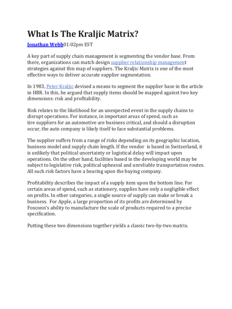 C3W1 Pwhat Is The Kraljic Matrix | PDF | Procurement | Supply Chain