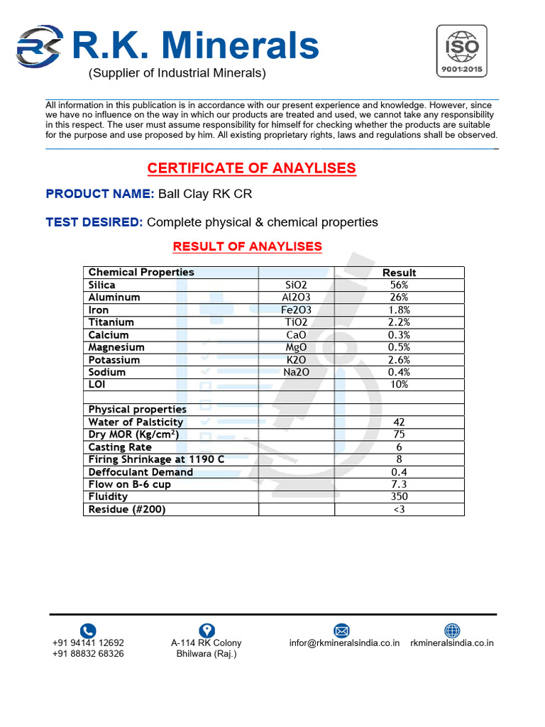 Ball Clay RK CR | PDF | Silicon Dioxide | Chemical Compounds