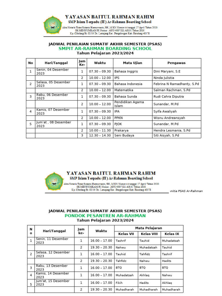Jadwal PSAS SMPIT Ar-Rahman 2023/2024 | PDF
