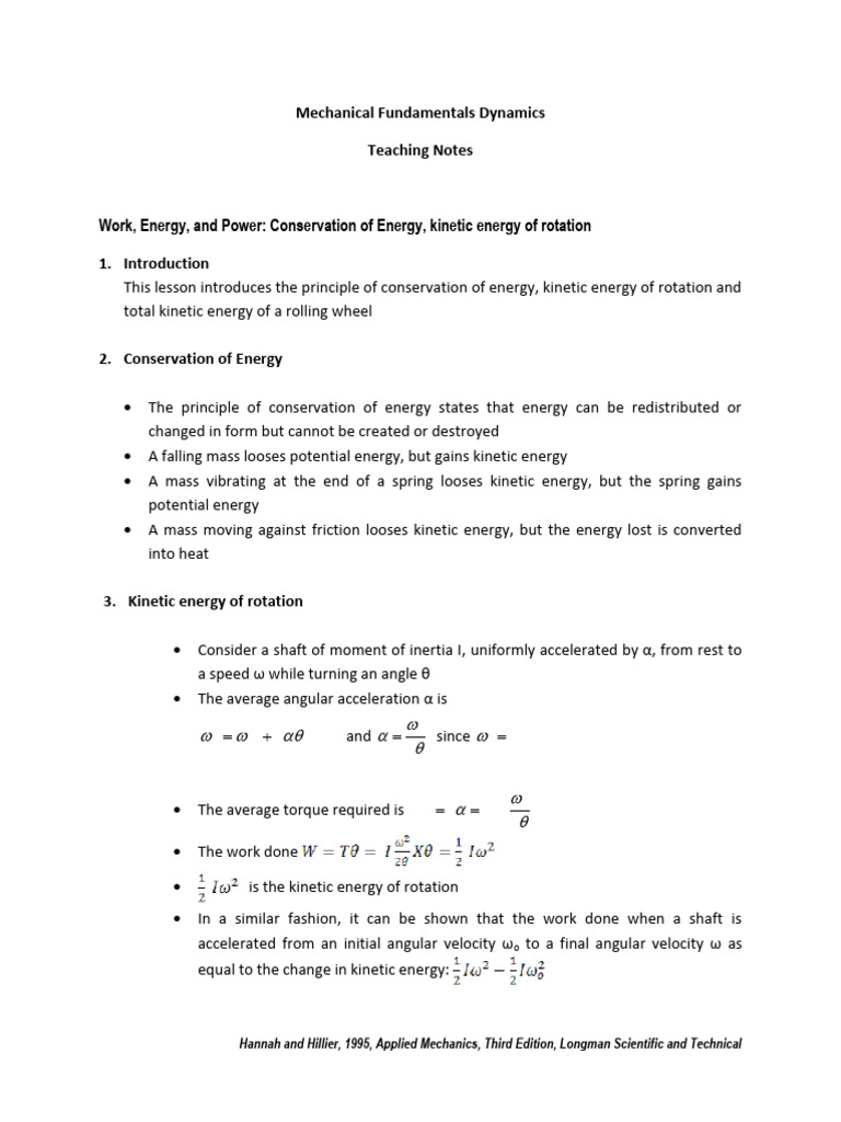 Lecture Notes 5 Conservation of Energy | PDF | Torque | Kinetic Energy