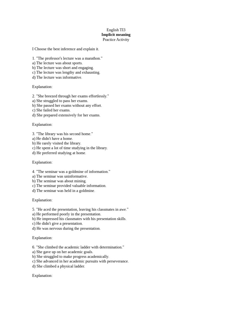 Implicit Meaning - Practice Activity | PDF | Psychology | Psychological ...