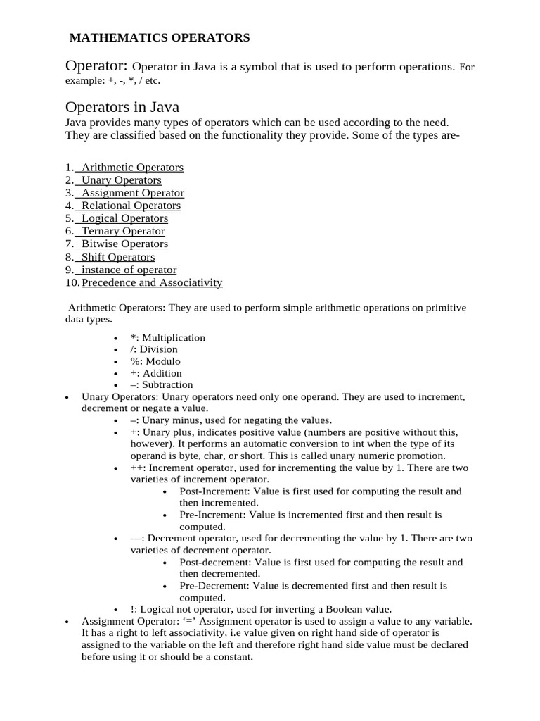 2.java Mathematics - Operators | PDF | Division (Mathematics) | Mathematics