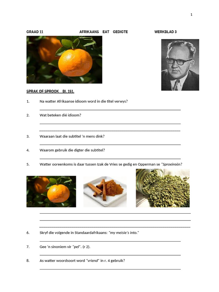 AFRIKAANS EAT GR 11 GEDIGTE WERKBLAD 3 Sprak of Sprook | PDF