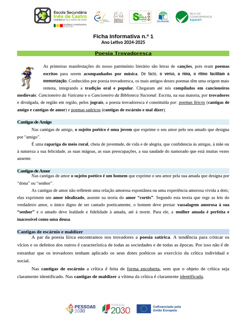 Ficha Informativa 1 Poesia Trovadoresca | PDF | Amor | Poesia