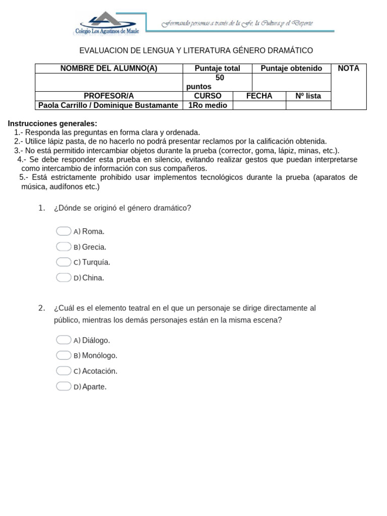 Evaluacion Genero Dramatico | PDF