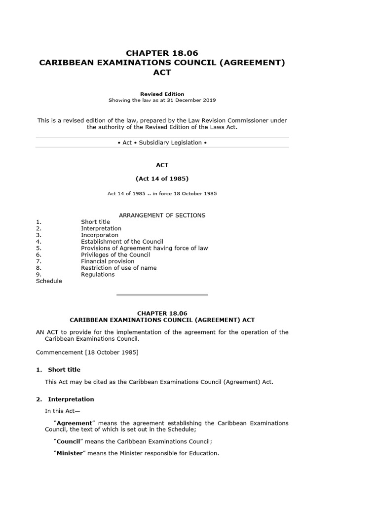 Caribbean Examinations Council (Agreement) Act - Cap.18.06 | PDF ...