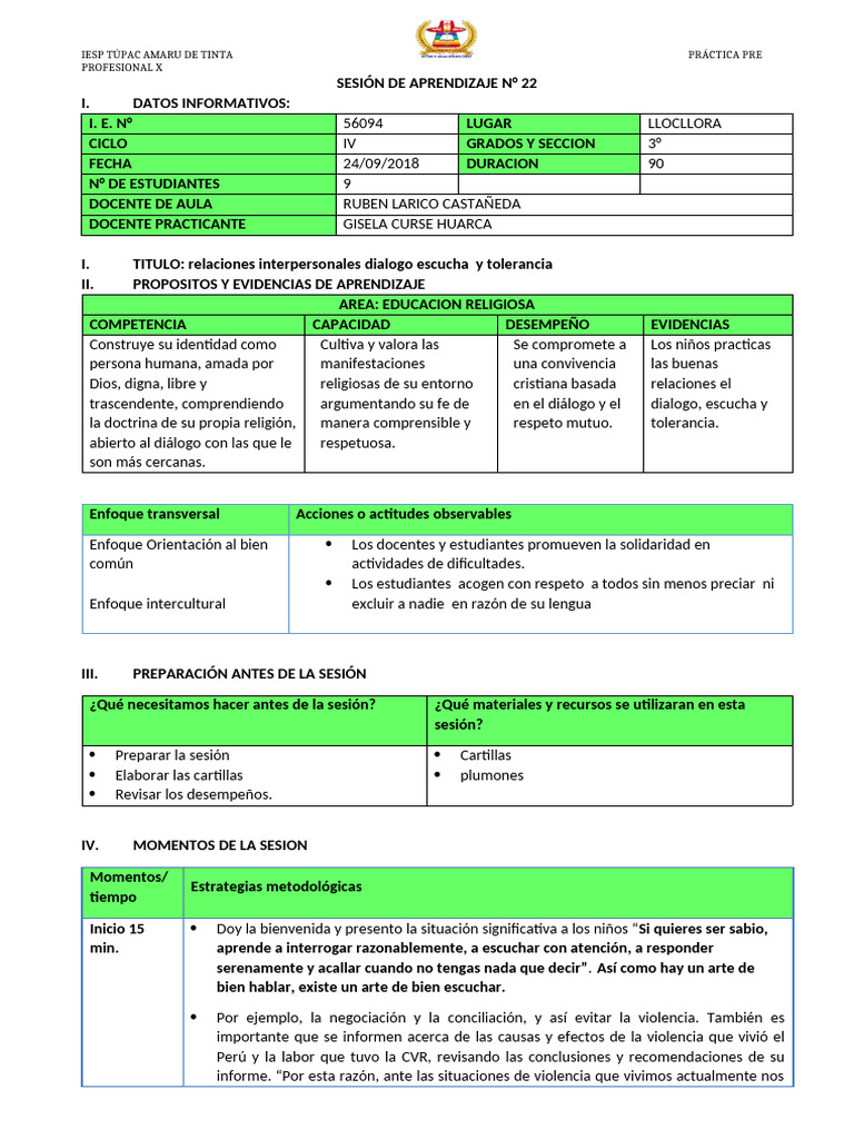 Sesión de Aprendizaje N°22 de Religion Decimo | PDF | Aprendizaje ...