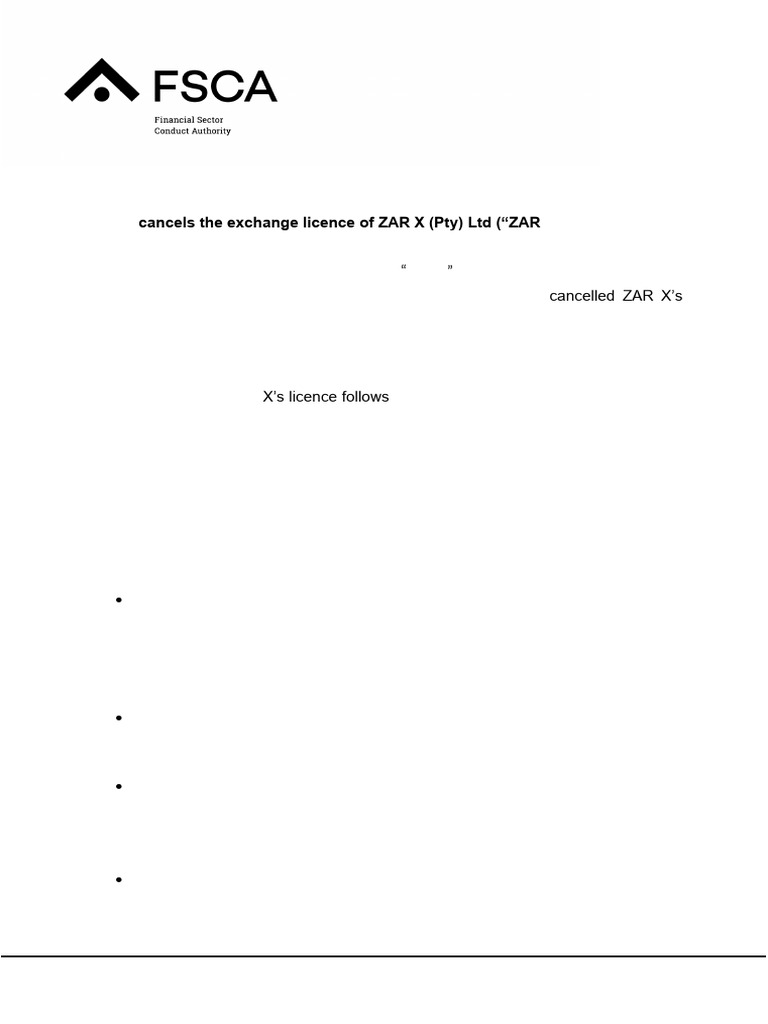 FSCA Press Release - FSCA Cancels The Exchange Licence of ZAR X (Pty ...