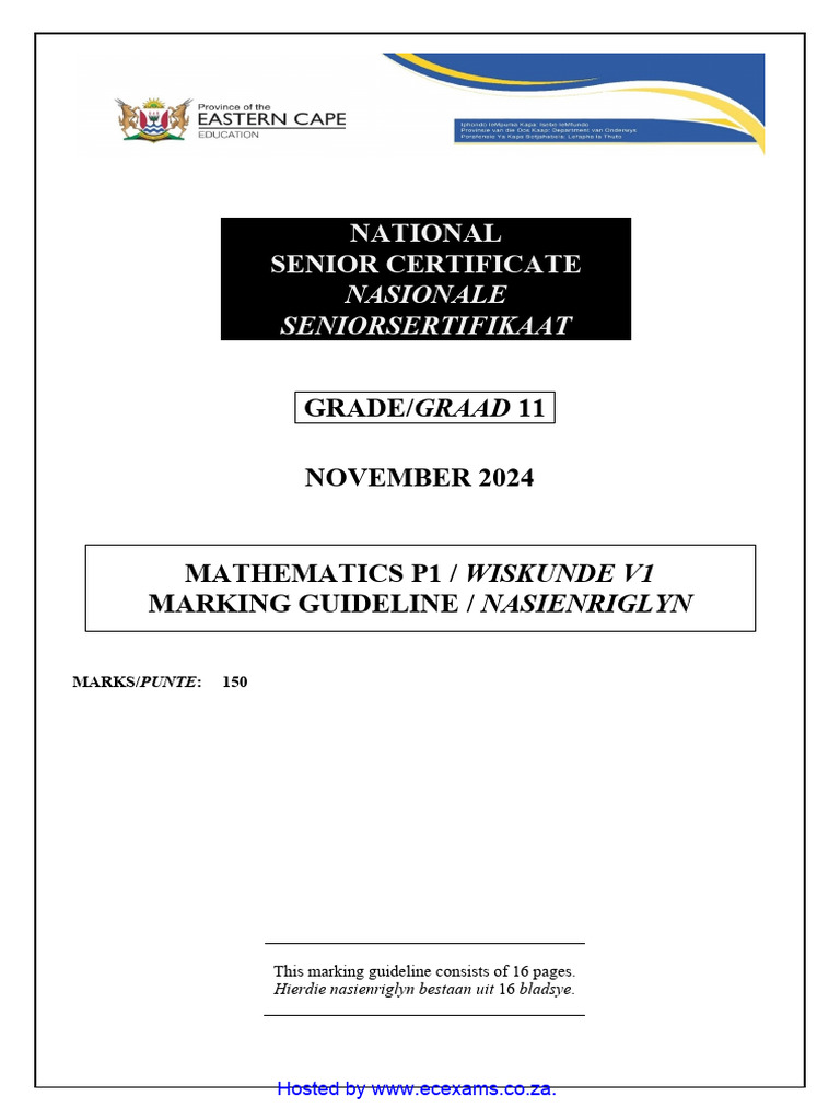 Maths p1 Memo Gr11 Nov2024 - Eng - Afr - Watermark | PDF | Elementary Mathematics | Algebraic ...