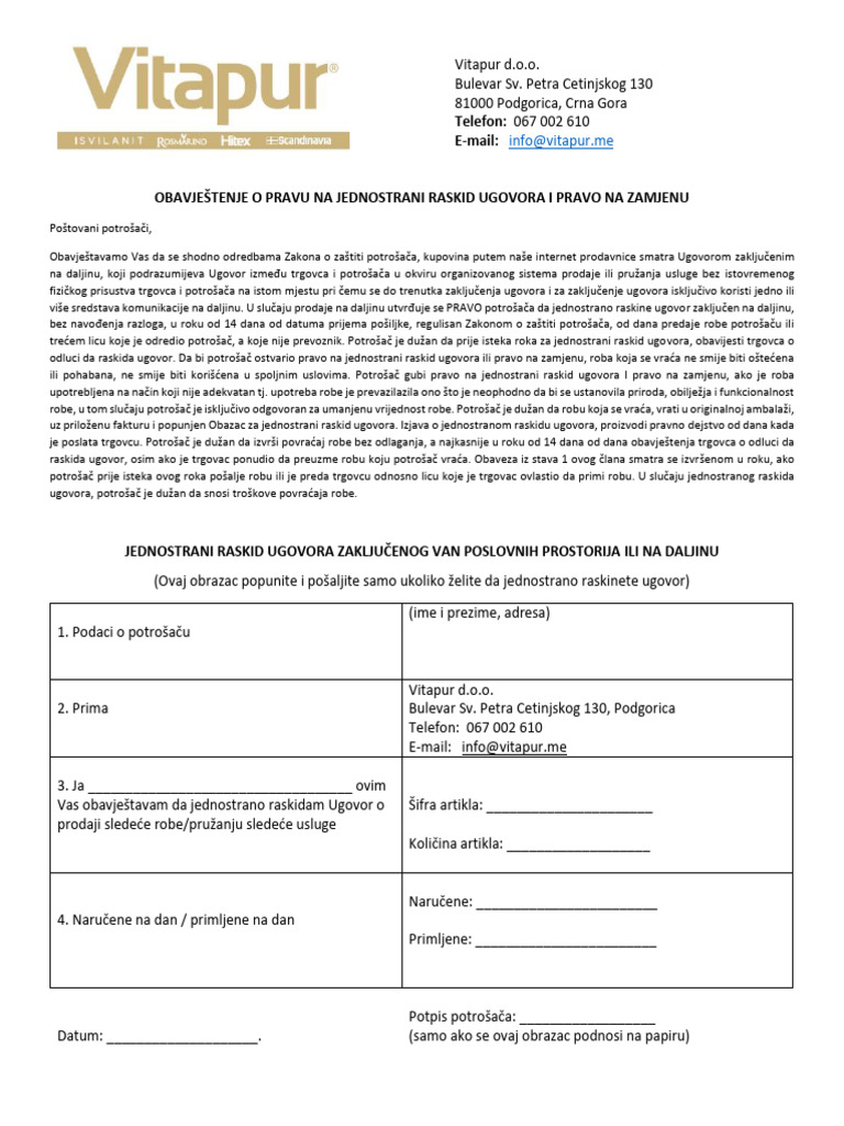 Obrazac Za Jednostrani Raskid Ugovora Zakljucenog Van Poslovnih ...