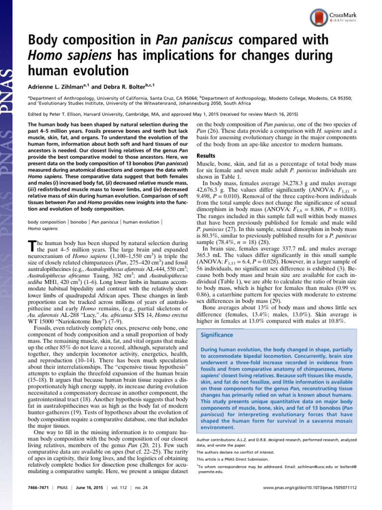 PNAS 2015 Zihlman panVShomo | PDF | Human Evolution | Biological ...
