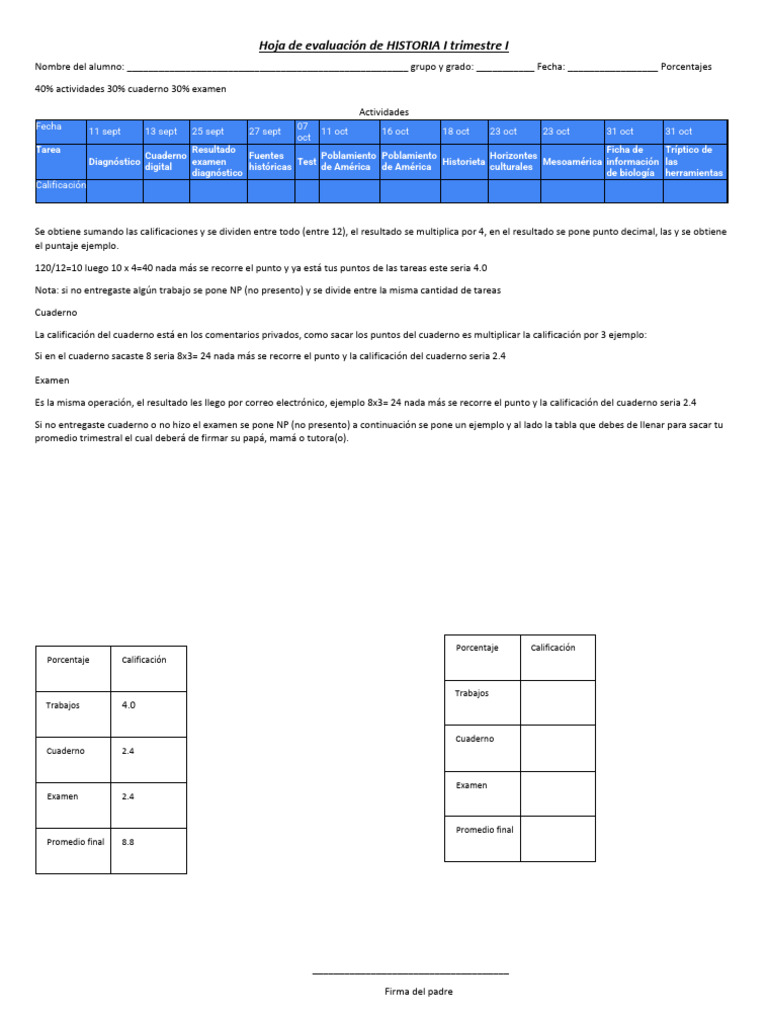 Hoja de Evaluaci-N de HISTORIA I Primer Trimestre 24 | PDF | Pruebas | Métodos de evaluación