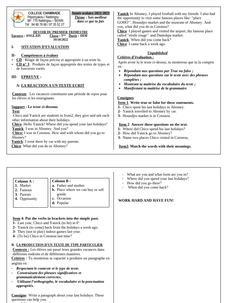 Devoir Anglais 5e Chico's and Yanick's Holidays | PDF | Language Arts & Discipline | Art