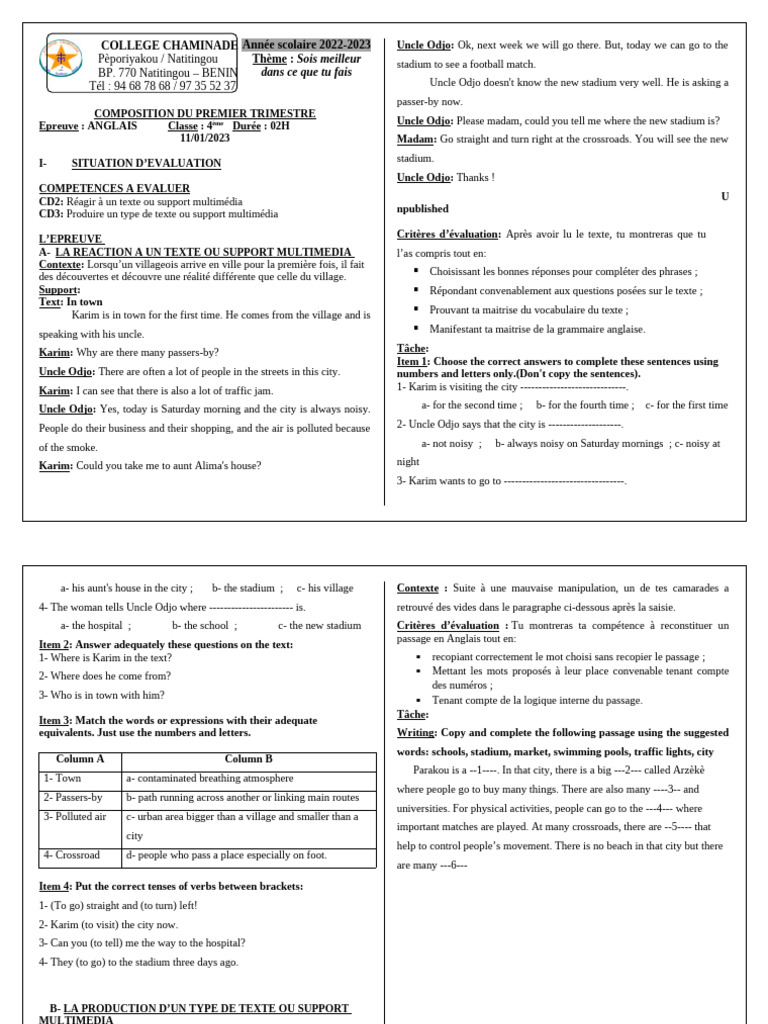 Devoir Anglais 5e in Town | PDF | Syntax | Linguistics
