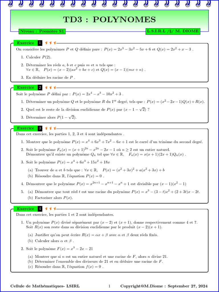 TD3 Polynomes | PDF | Zéro d'une fonction | Polynôme